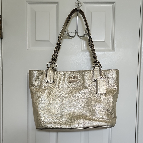 Coach | Bags | Coach Silver Gold Metallic Shoulder Bag Tote Top Zip ...